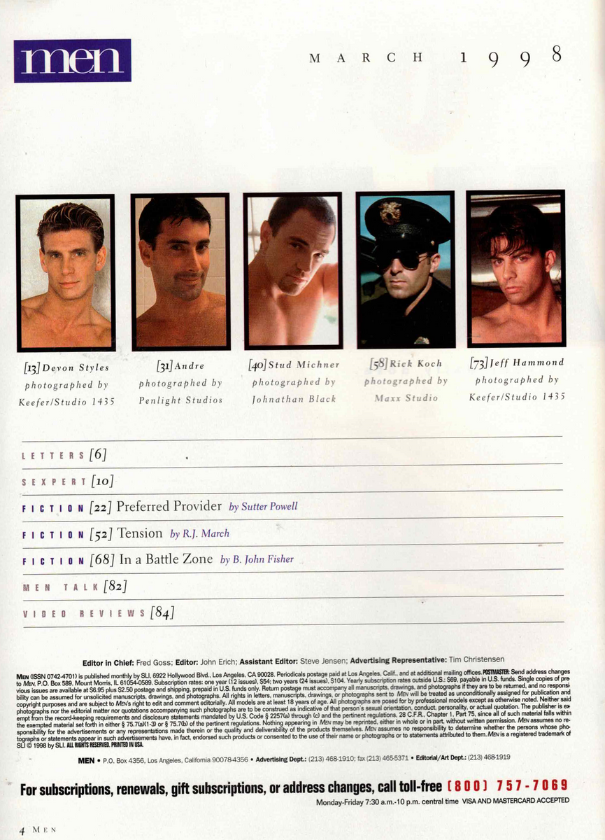 MEN Magazine / 1998 / March / Stud Michner / Rick Koch / Beau / Jerry – Zeus Gay Boutik