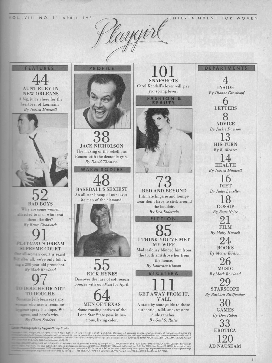 PLAYGIRL / 1981 / April / Jack Nicholson / Blondie / Jim Palmer / Rick ...